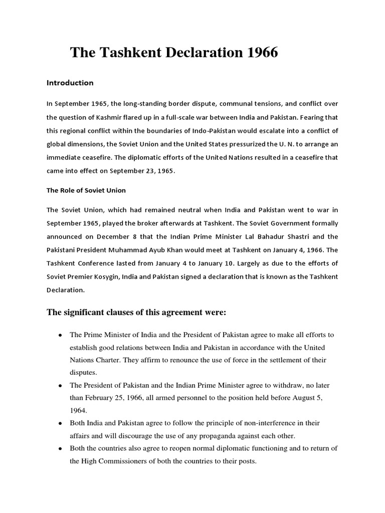 Tashkent Agreement | PDF | India–Pakistan Relations | Conflicts