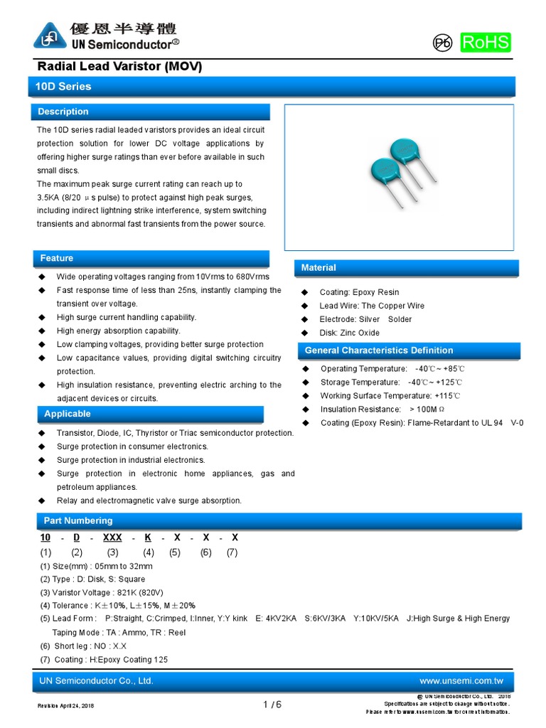 Radial Lead Varistor (MOV) : 10 - D - XXX - K - X - X - X | PDF ...