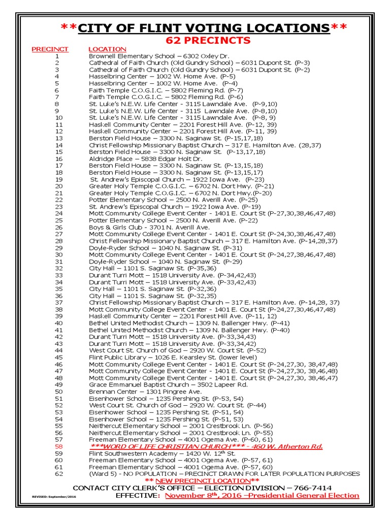 City of Flint Voting Locations by Precinct Effective 10 2016 | PDF ...