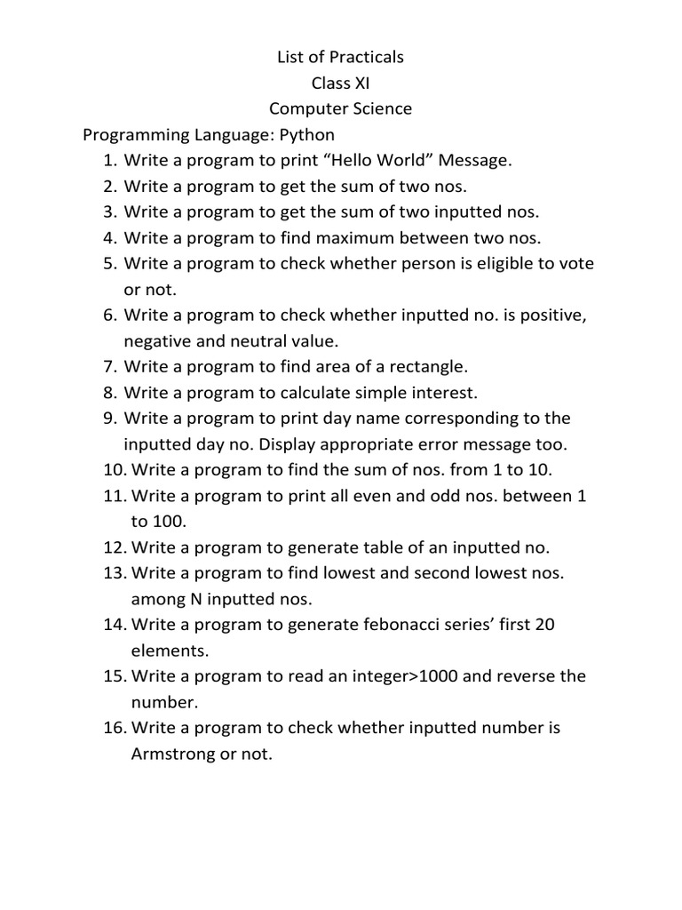 Class XI CS Python List of Practicals | PDF | Computers