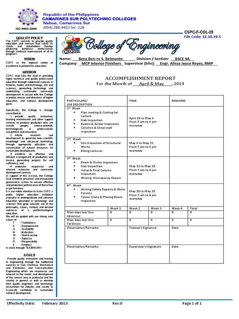 Benz' Accomplishment Report | PDF | Curriculum | Engineering