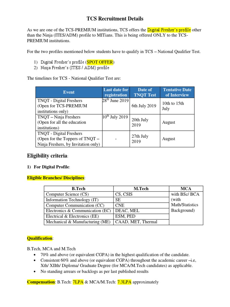 TCS 2020 Recruitment Details | PDF | Computer Science | Analytics