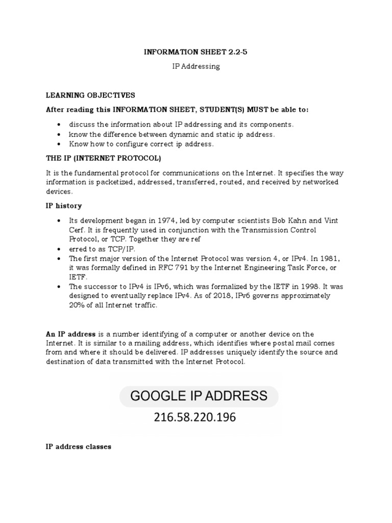 02 Task Sheet 2.2-5 Ip Addressing | PDF | Internet Protocol Suite | Ip ...