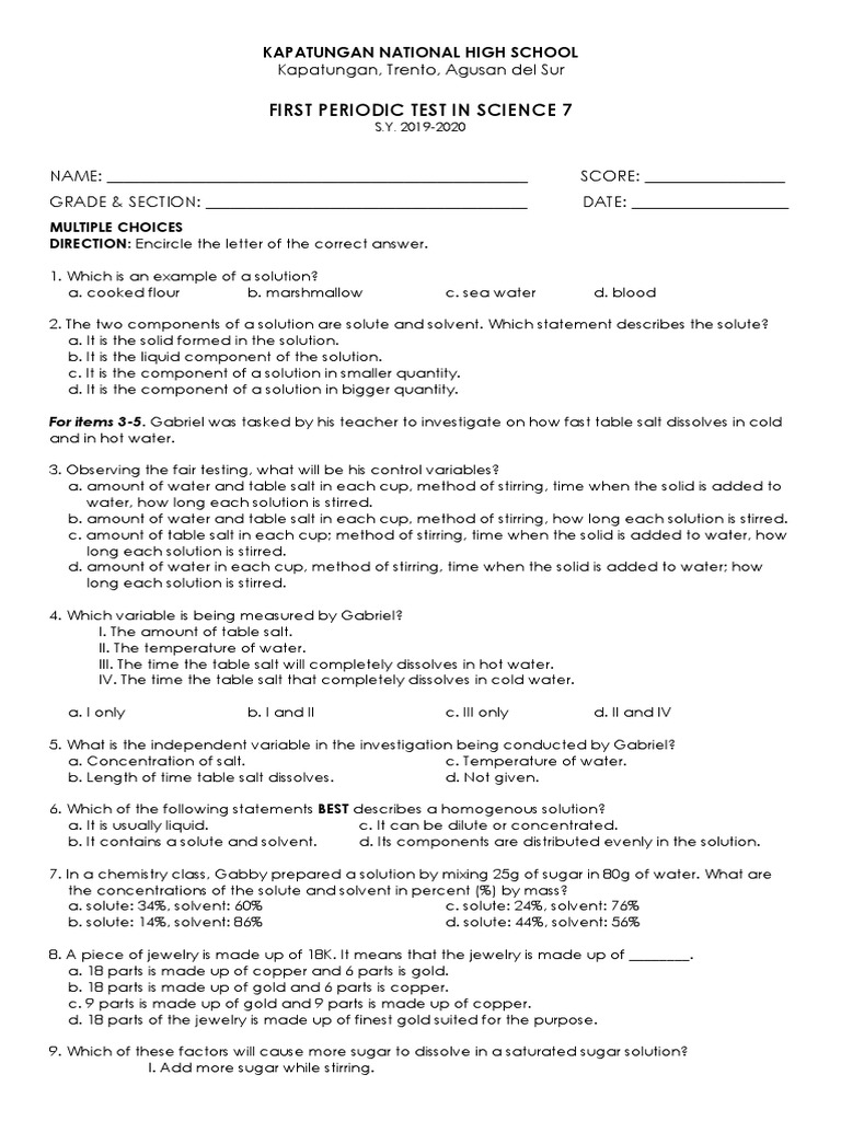 Science 7 First Quarter | PDF | Solution | Metals