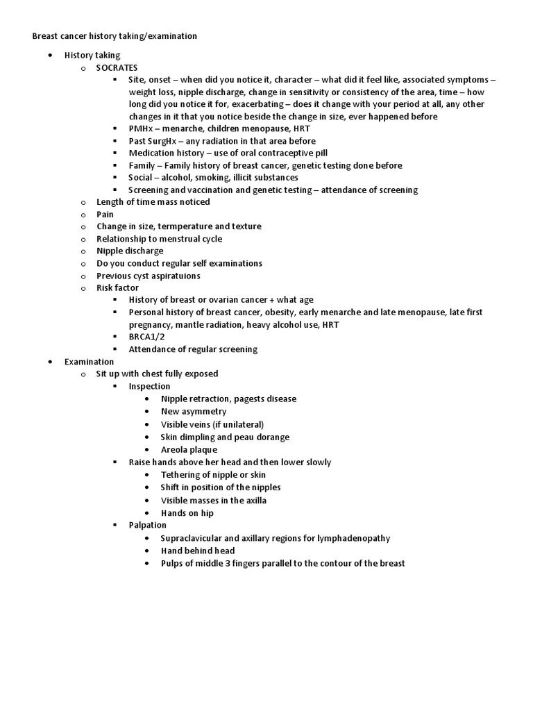 Breast Cancer History Taking | PDF | Breast Cancer | Colorectal Cancer