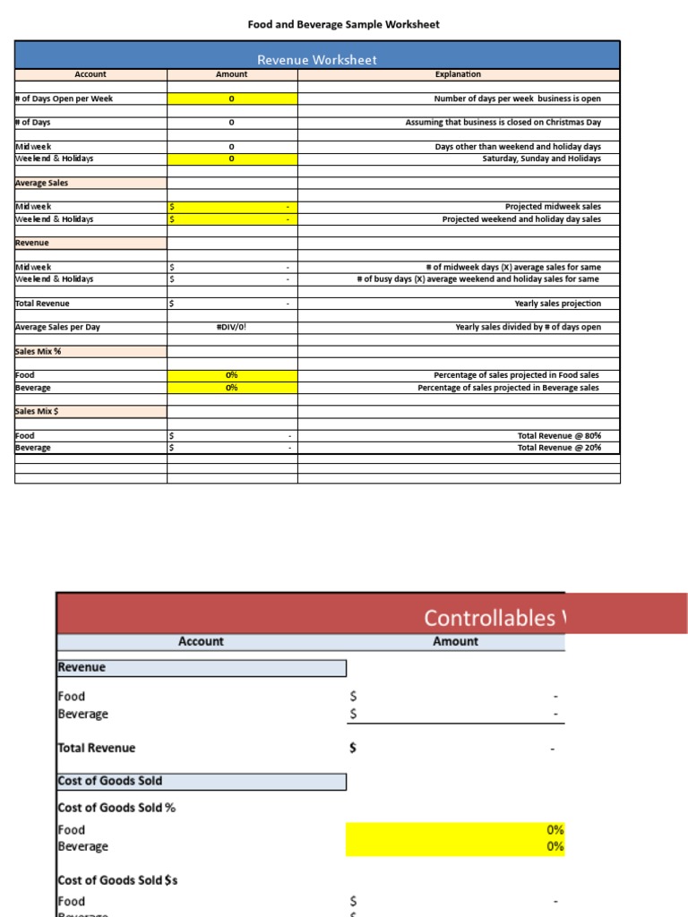 Revenue Worksheet: Food and Beverage Sample Worksheet | Revenue | Payroll