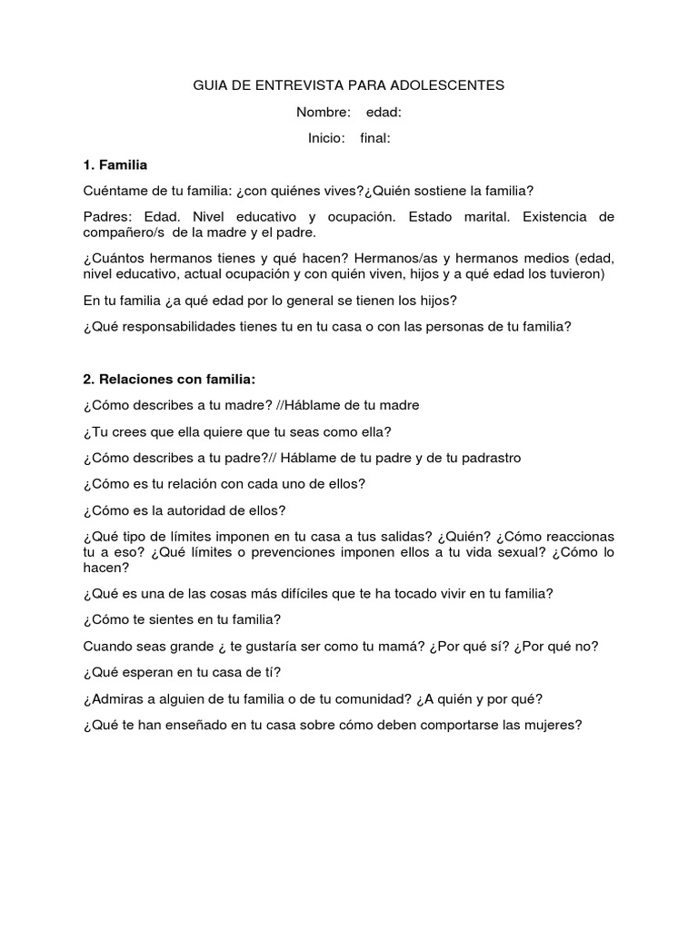 Guia de Entrevista para Adolescentes | PDF | Educación sexual ...
