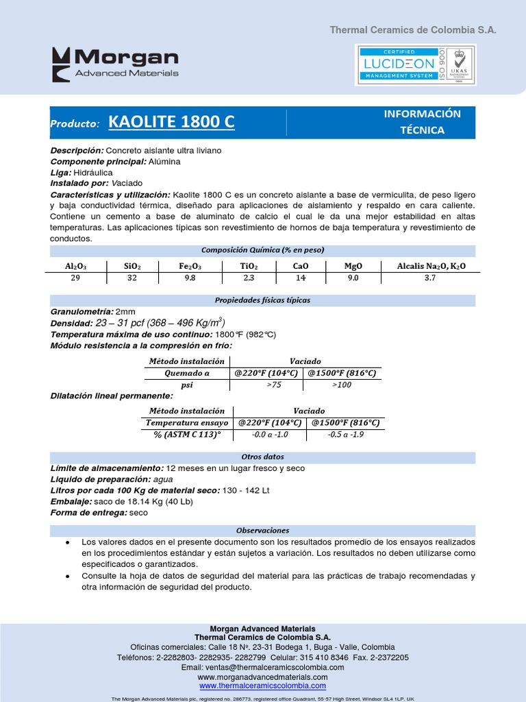 Kaolite 1800 C: Concreto Aislante Térmico | PDF | Aislamiento térmico ...