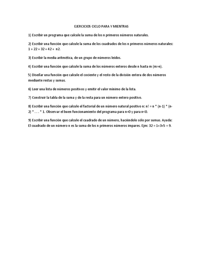 Ejercicios Ciclo para y Mientras | PDF