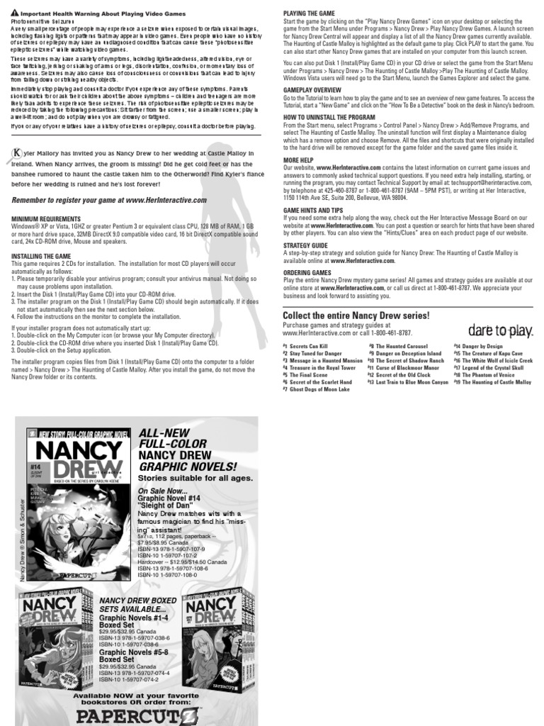 Nancy Drew The Haunting of Castle Malloy - CastleMalloy - Manual | PDF | Video Games | Epilepsy