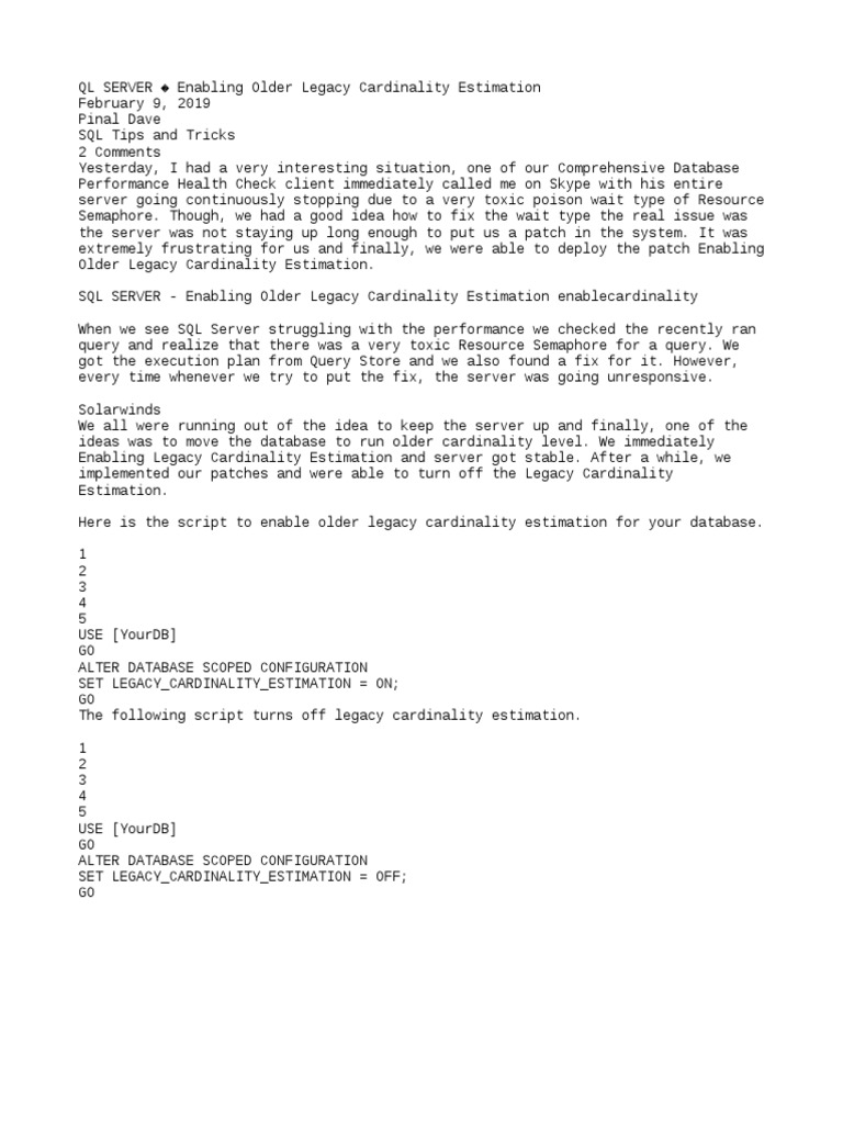 SQL SERVER - Enabling Older Legacy Cardinality Estimation | PDF SQL SERVER - Enabling Older Legacy Cardinality Estimation | PDF