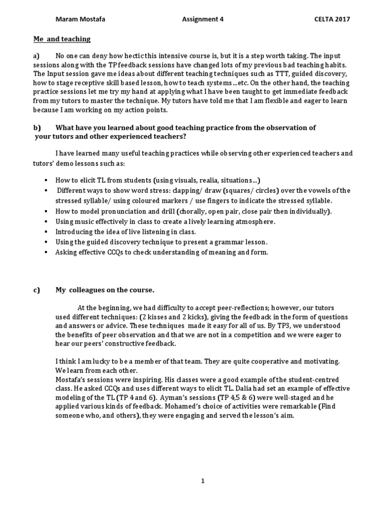 Maram Mostafa Assignment 4 CELTA 2017 Me and Teaching | PDF | Lesson ...