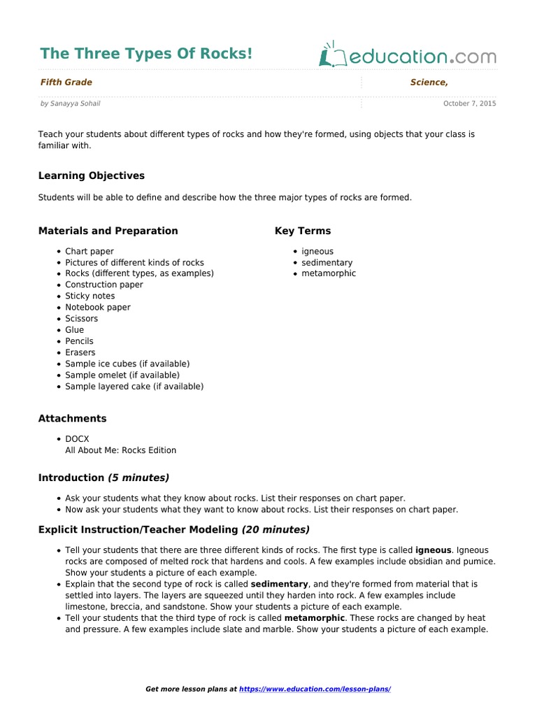 Three Types of Rocks for Fifth Graders | PDF | Rock (Geology) | Igneous ...