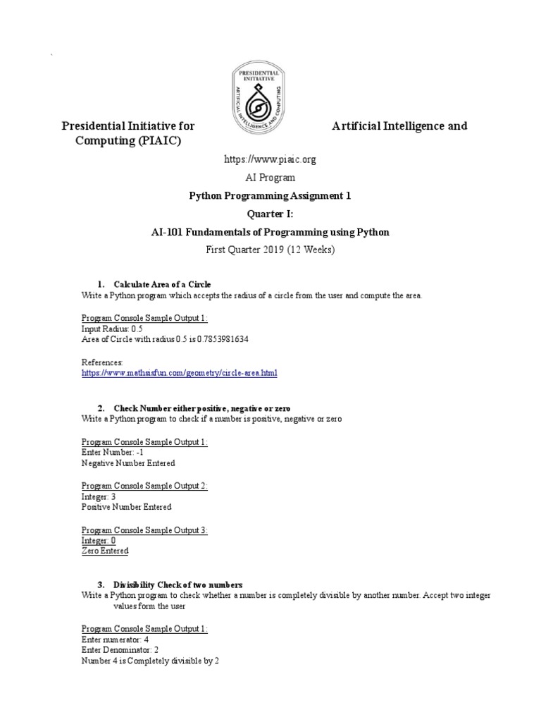 PIAIC AI Q1 Python Assignment 1 | PDF | Numbers | Decimal
