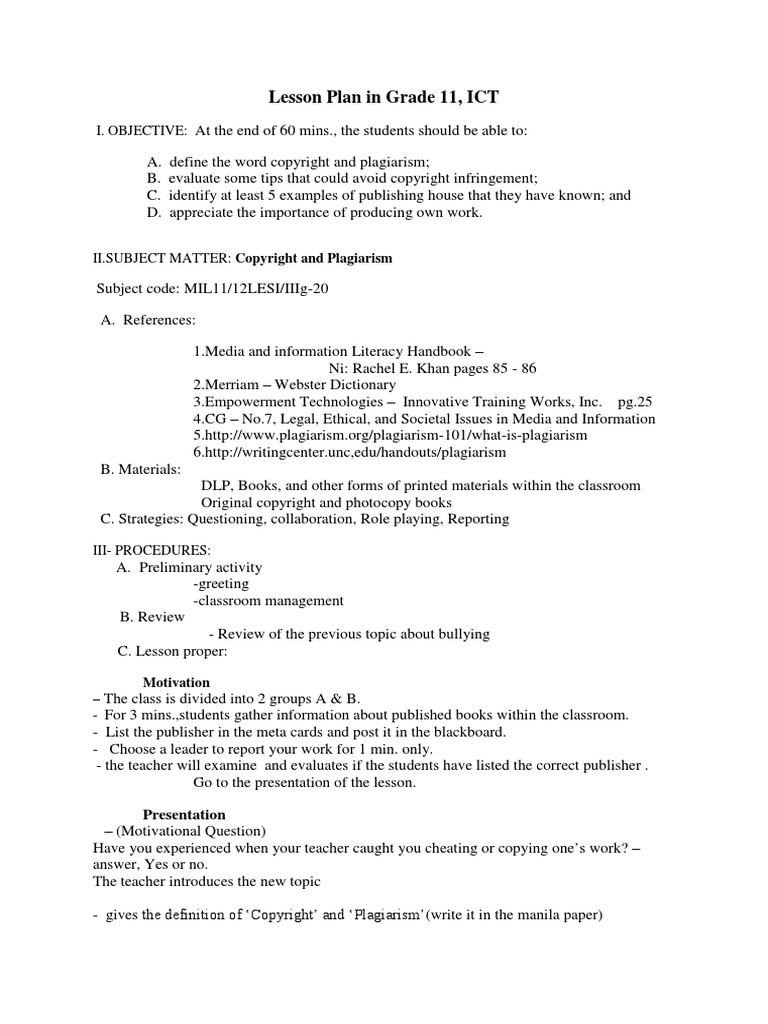 Lesson Plan in Grade 11, ICT: I. Objective | PDF | Plagiarism | Books