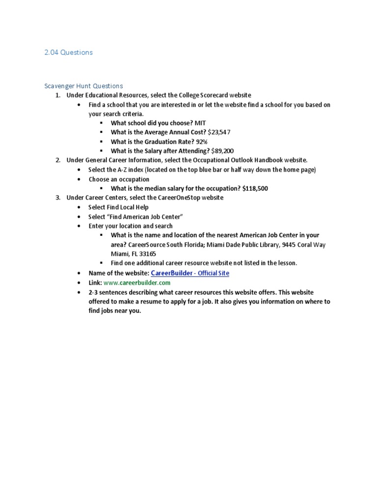 Career Resources Scavenger Hunt Guide | PDF