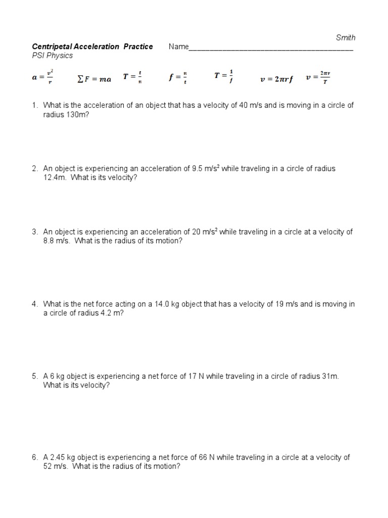 Centripetal Acceleration Practice | PDF | Acceleration | Motion (Physics)