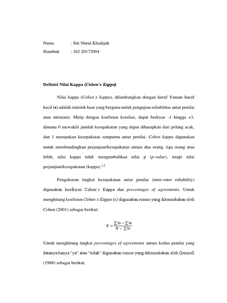 Definisi dan Rumus Cohen's Kappa | PDF
