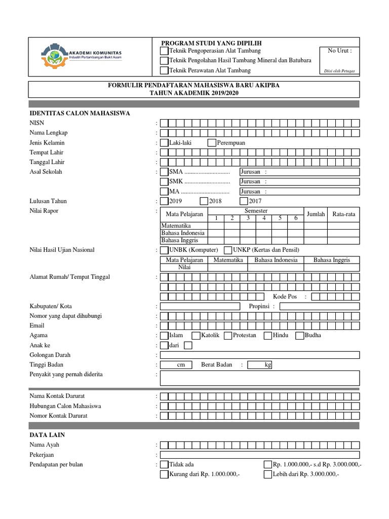 Formulir Pendaftaran Pmb-Akipba 2019 | PDF