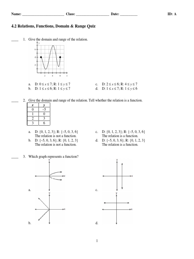 4 2 Relations Functions Domain And Range Quiz Pdf Domain Of A Function Function Mathematics