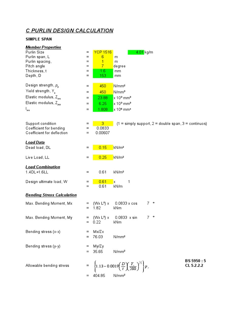 Z PURLIN DESIGN CALCULATION FOR SIMPLE SPAN BEAMS | PDF | Young's ...