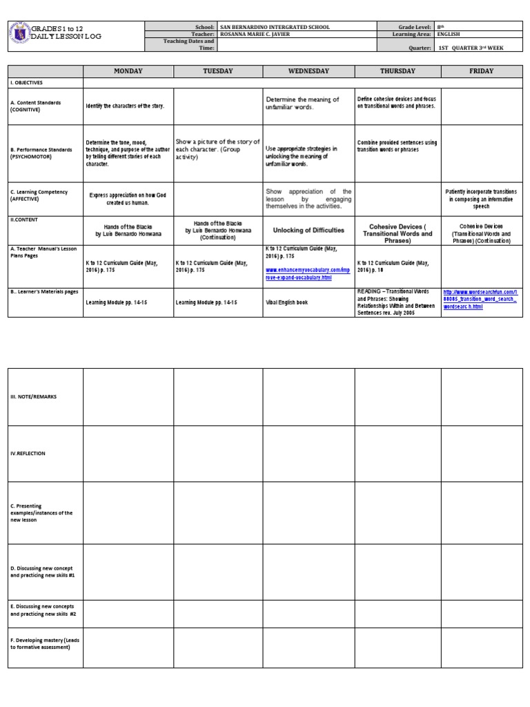 GRADES 1 To 12 Daily Lesson Log: Determine The Meaning of Unfamiliar ...