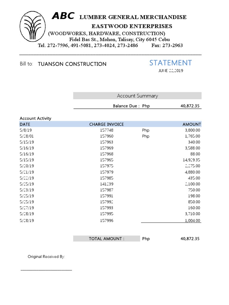 Statement: Eastwood Enterprises Lumber General Merchandise | PDF ...