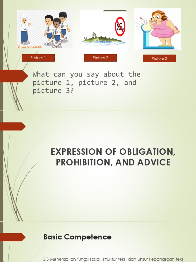 Pictures 1-3 Obligation Prohibition Advice | PDF | Test (Assessment) | Verb