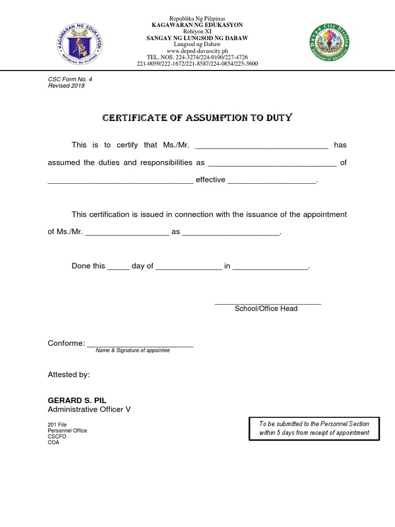 Certificate of Assumption