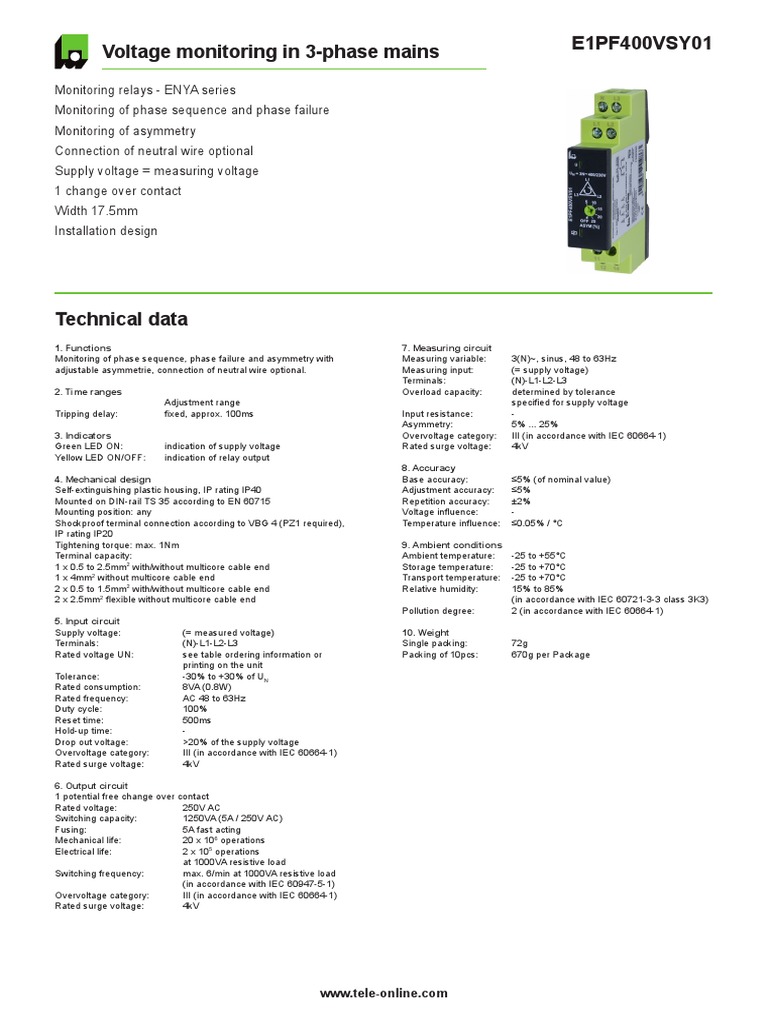 E1PF400VSY01 Phase Monitoring Relay | PDF | Relay | Alternating Current