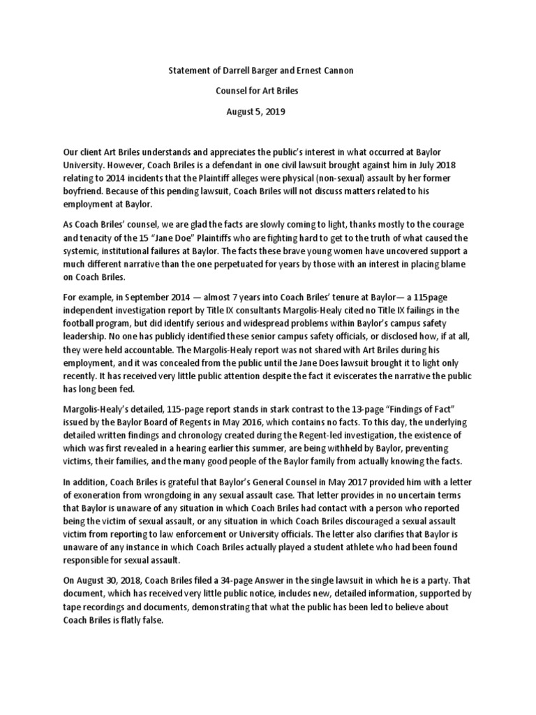 Statement of Darrell Barger and Ernest Cannon Counsel For Art Briles ...