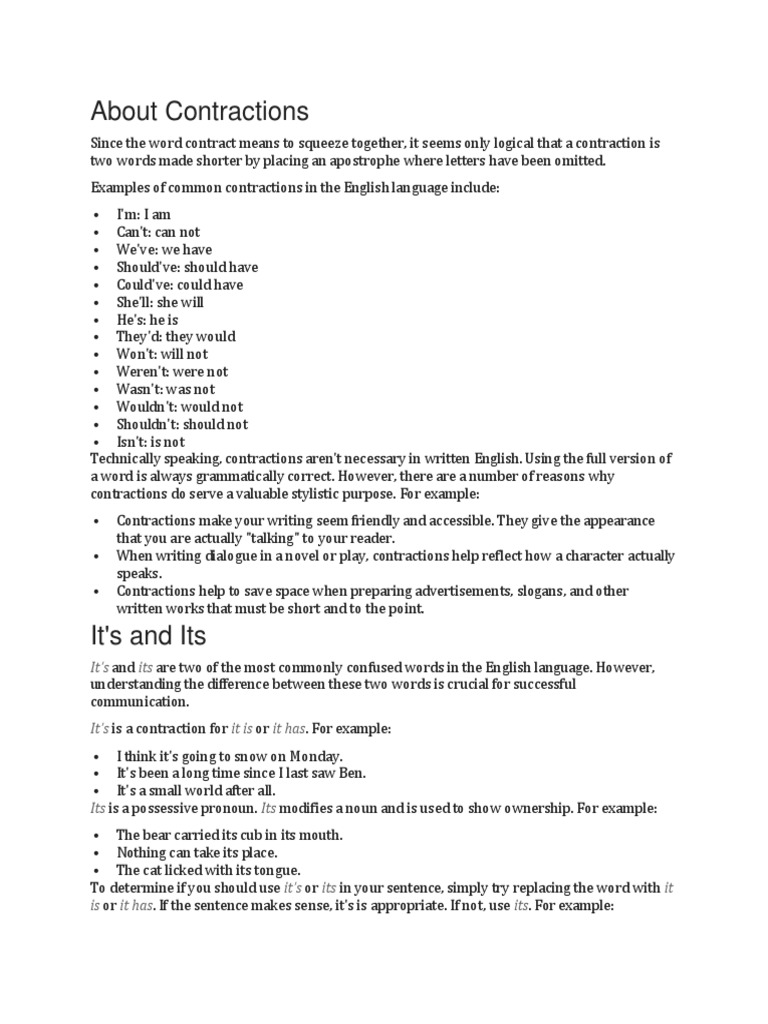 A Comprehensive Guide to Using Contractions Correctly in English | PDF ...