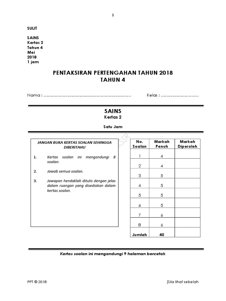 Soalan PPT 2018 - Sains T4 K2 | PDF