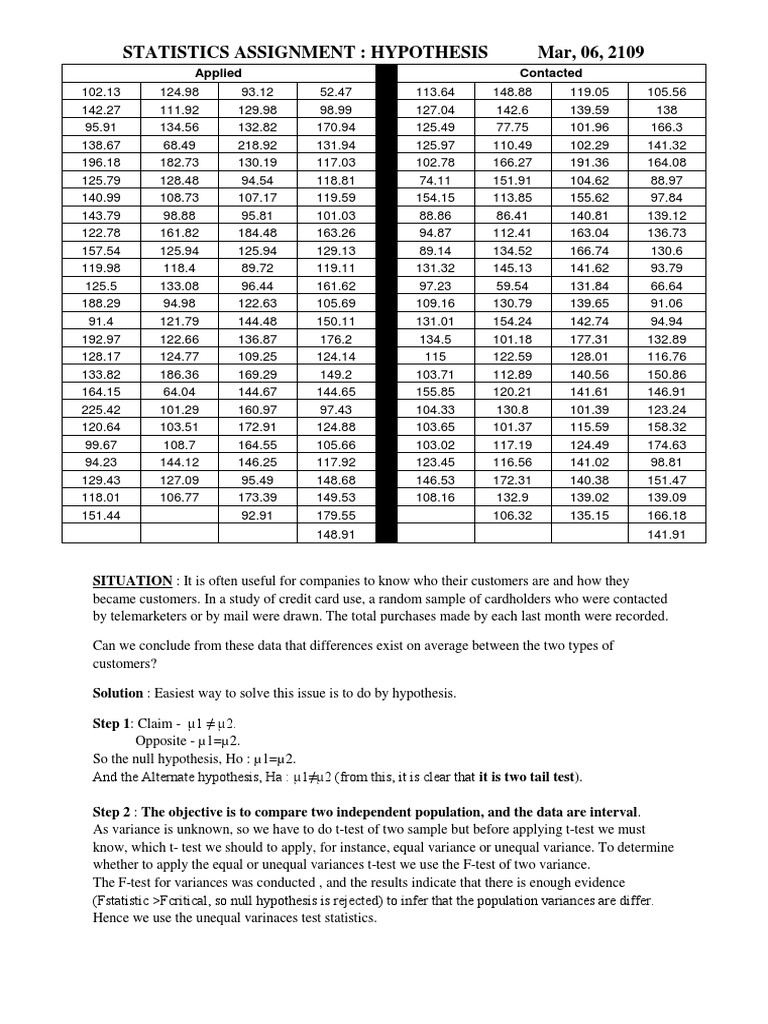 Hypothesis Statistics Assignment | PDF | Student's T Test | F Test