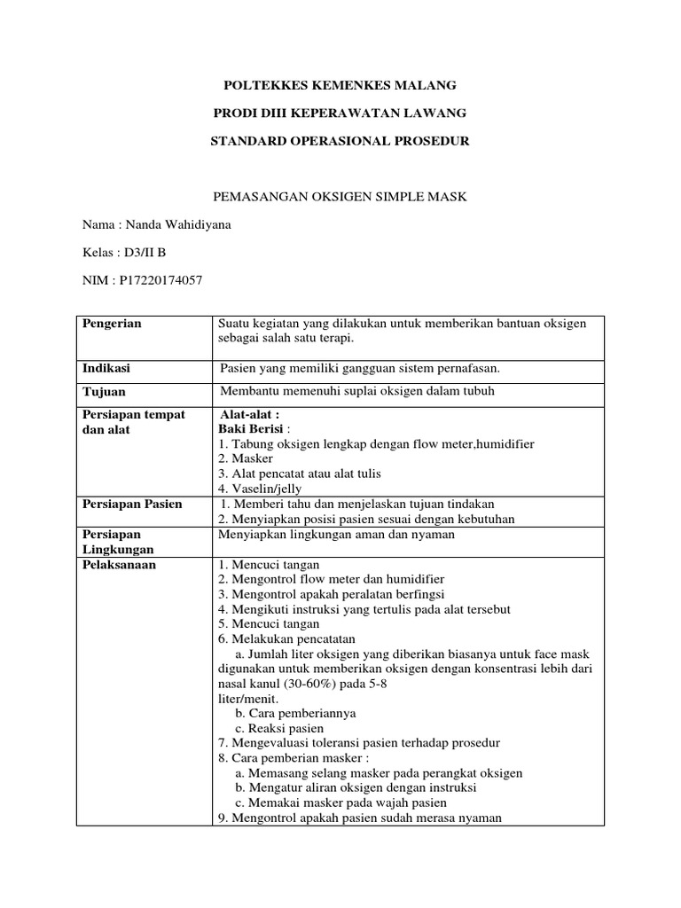 Sop Pemasangan Oksigen Simple Mask | PDF