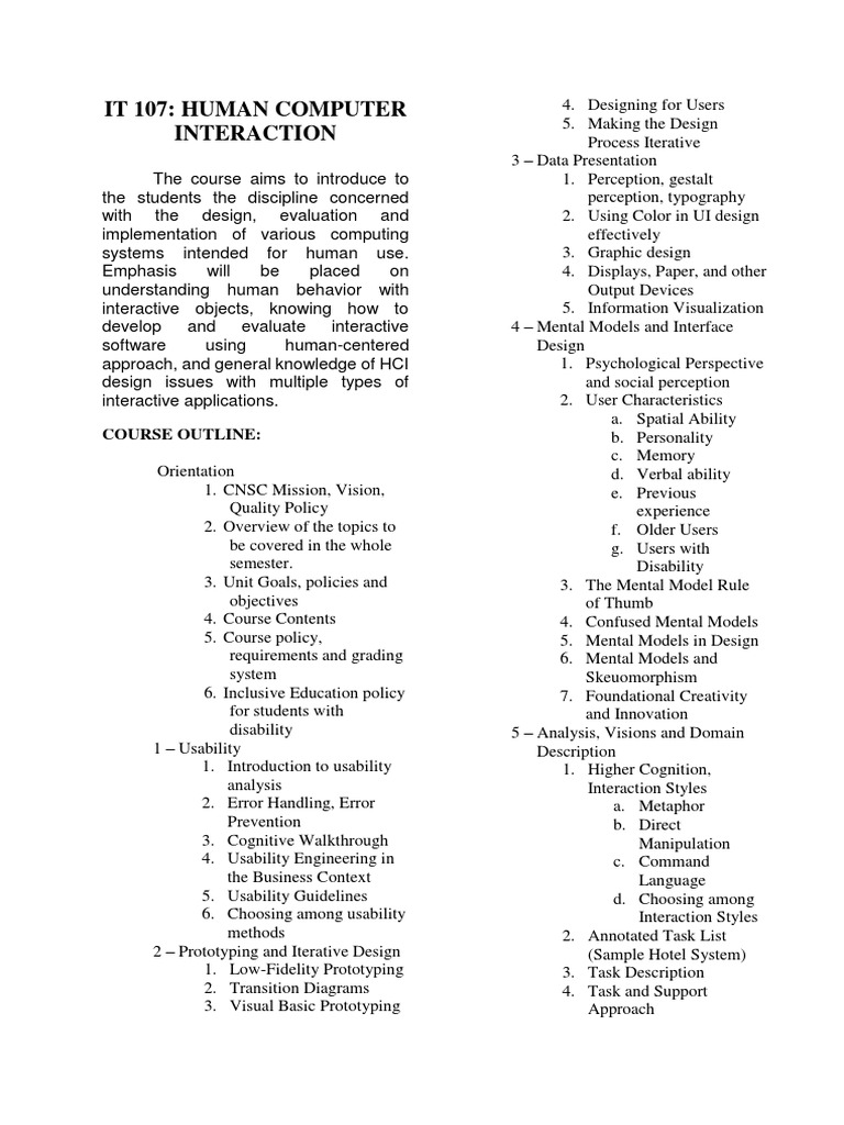 It 107: Human Computer Interaction: Course Outline | PDF | Human–Computer Interaction | Usability