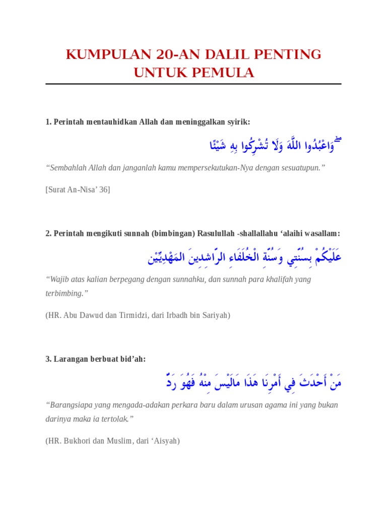 20 Dalil Penting Untuk para Pemula | PDF