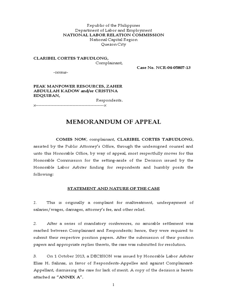 Memorandum of Appeal NLRC Claribel Tabudlong V Peak Manpower | PDF ...