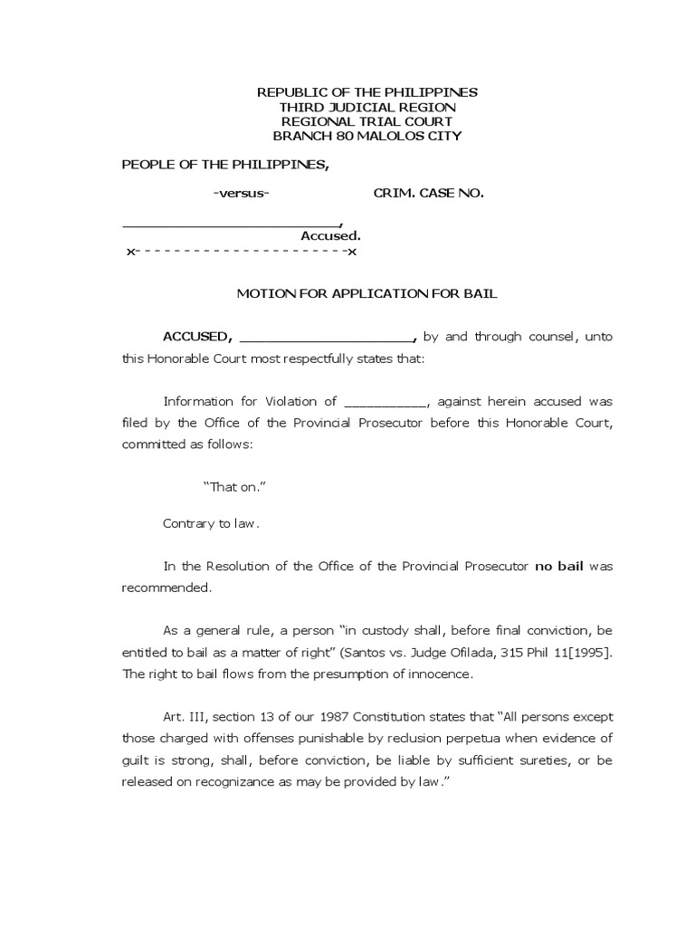 Petition For Bail | PDF | Bail | Prosecutor