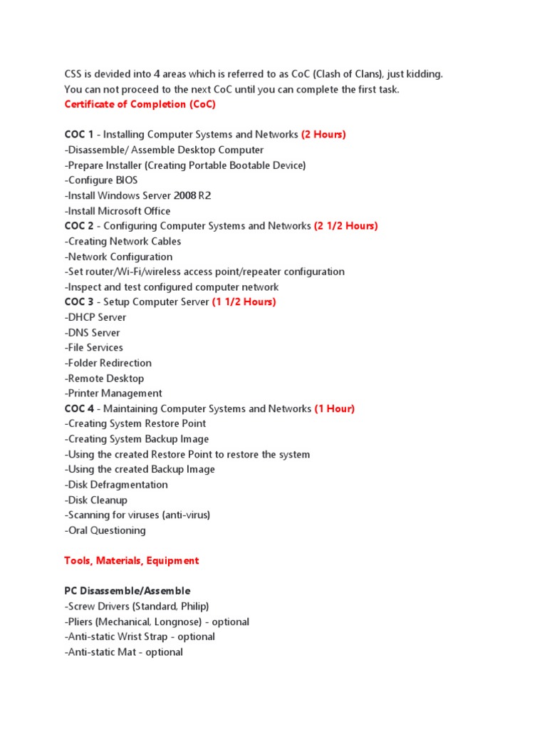 Certificate of Completion (Coc) (2 Hours) : Coc 1 - Installing Computer Systems and Networks | PDF