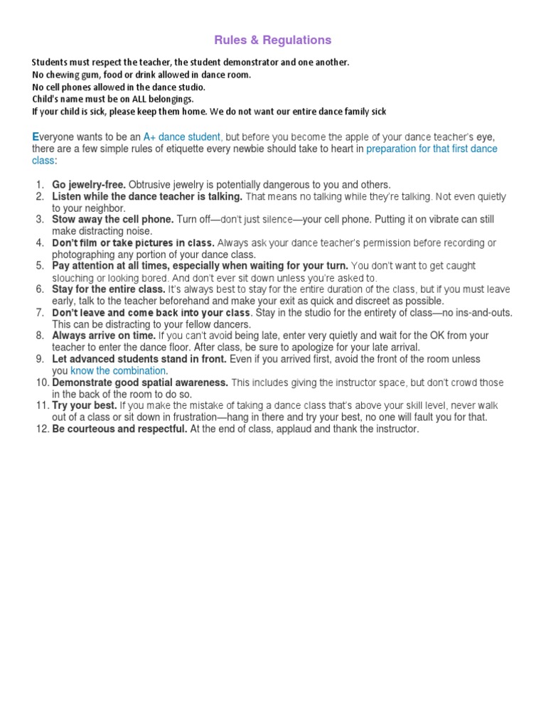 Rules and Regulations For Dance | PDF