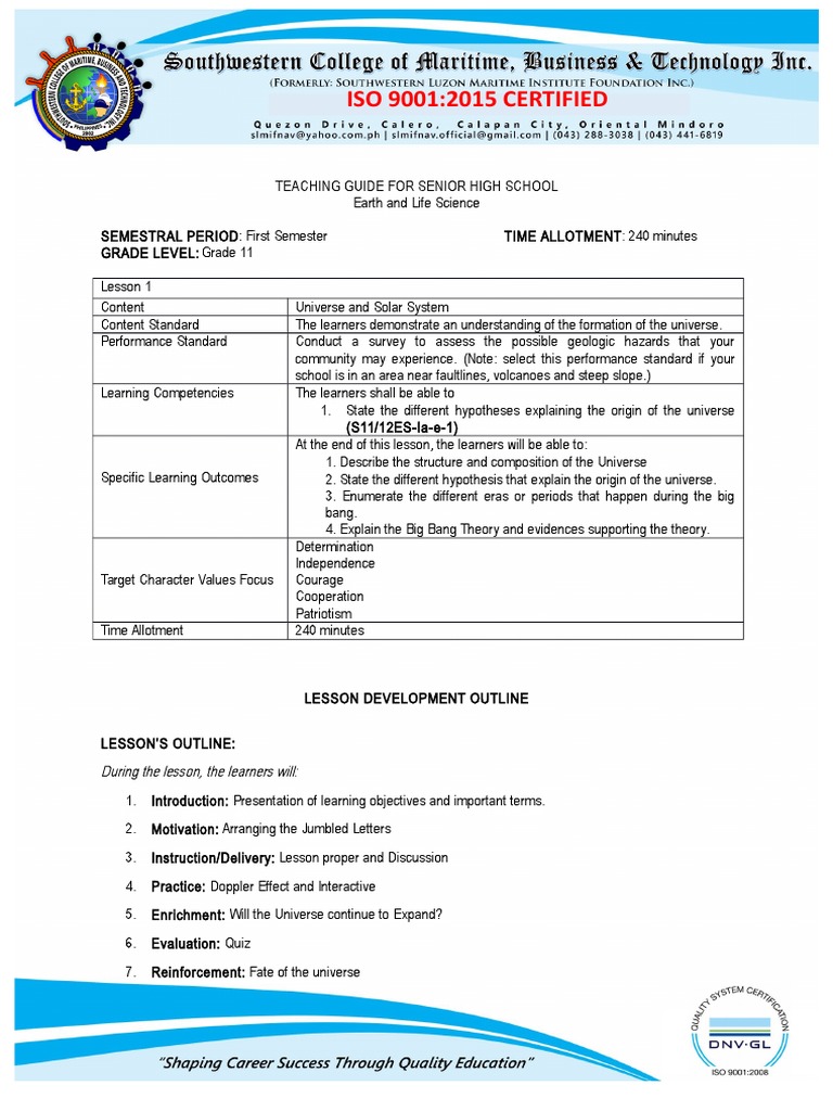 Earth & Life Science - Lesson 1 | PDF | Universe | Physical Cosmology