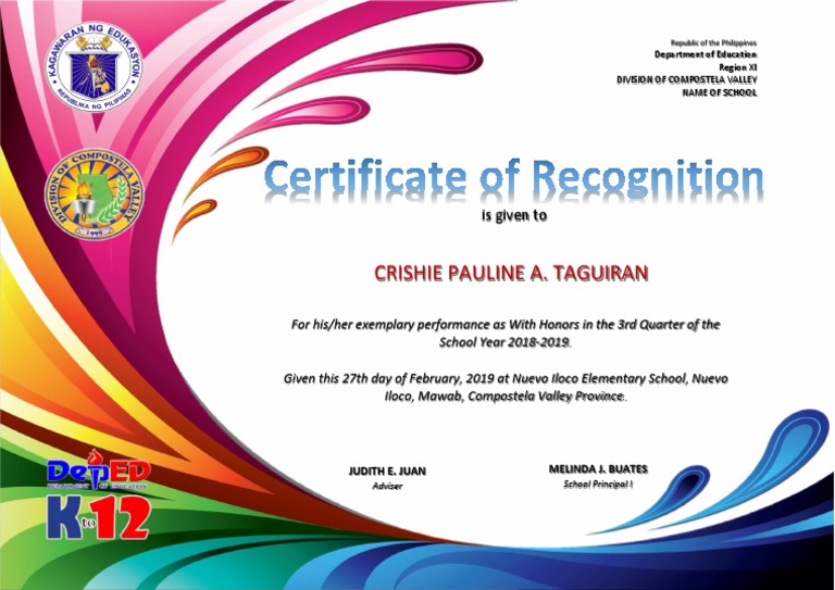 Certificate of Recognition For Honors | PDF