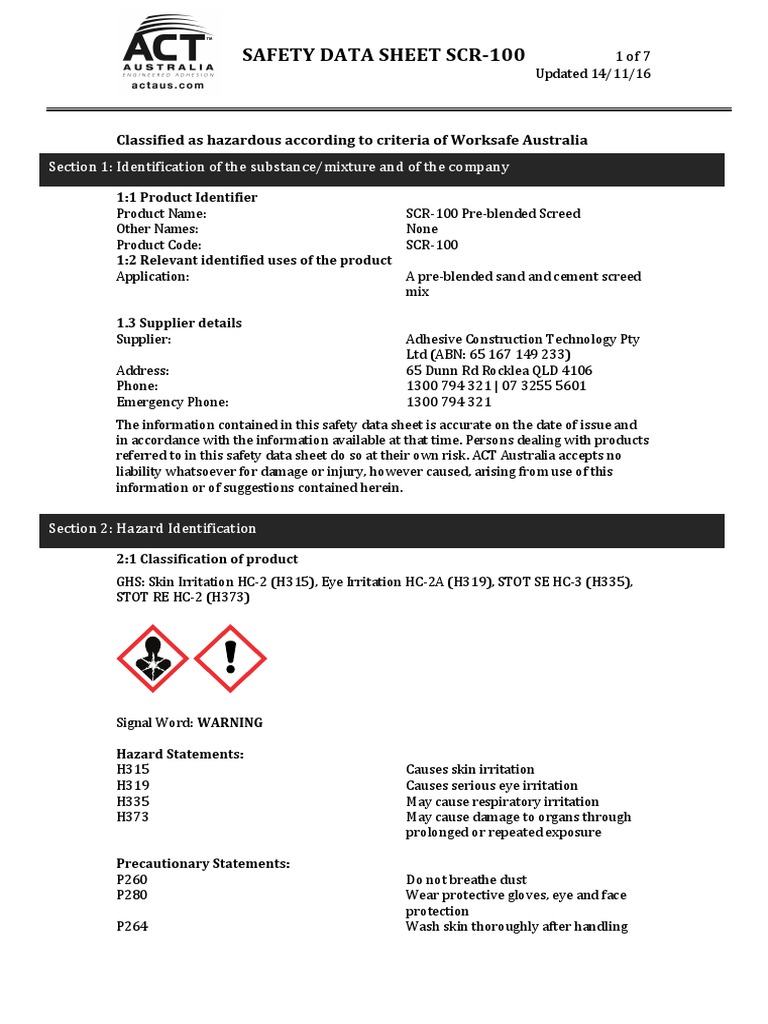 Safety Data Sheet SCR 100 | PDF | Personal Protective Equipment | Cough