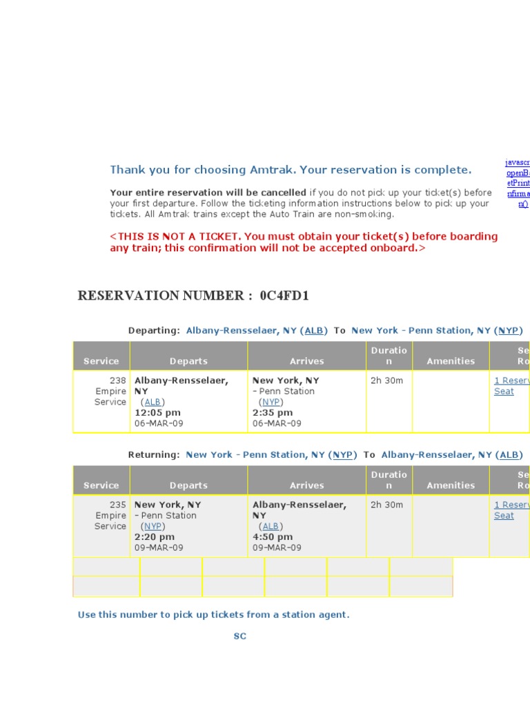 Amtrak Reservation Confirmation Details | PDF