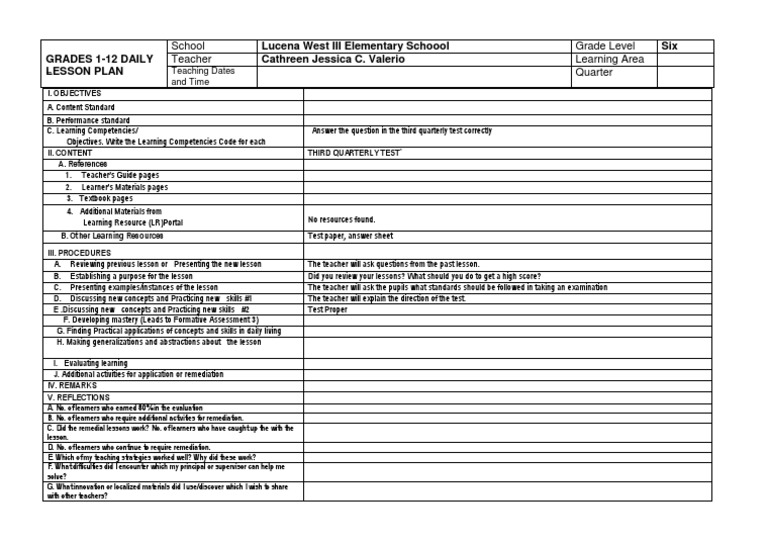 School Grade Level Teacher Learning Area Quarter | PDF | Lesson Plan ...