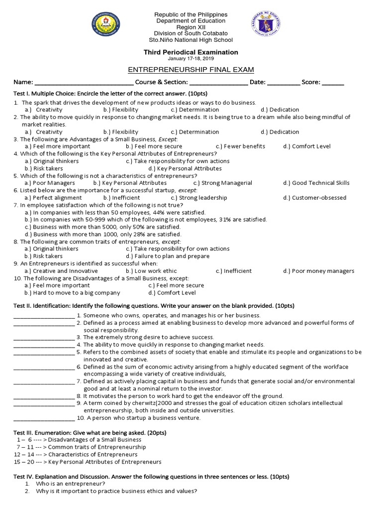 Entrepreneurship Final Exam Name: - Course & Section: - Date: - Score ...