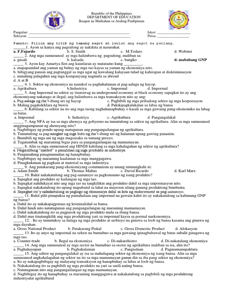 4th Quarter Grade 9 ANS KEY | PDF