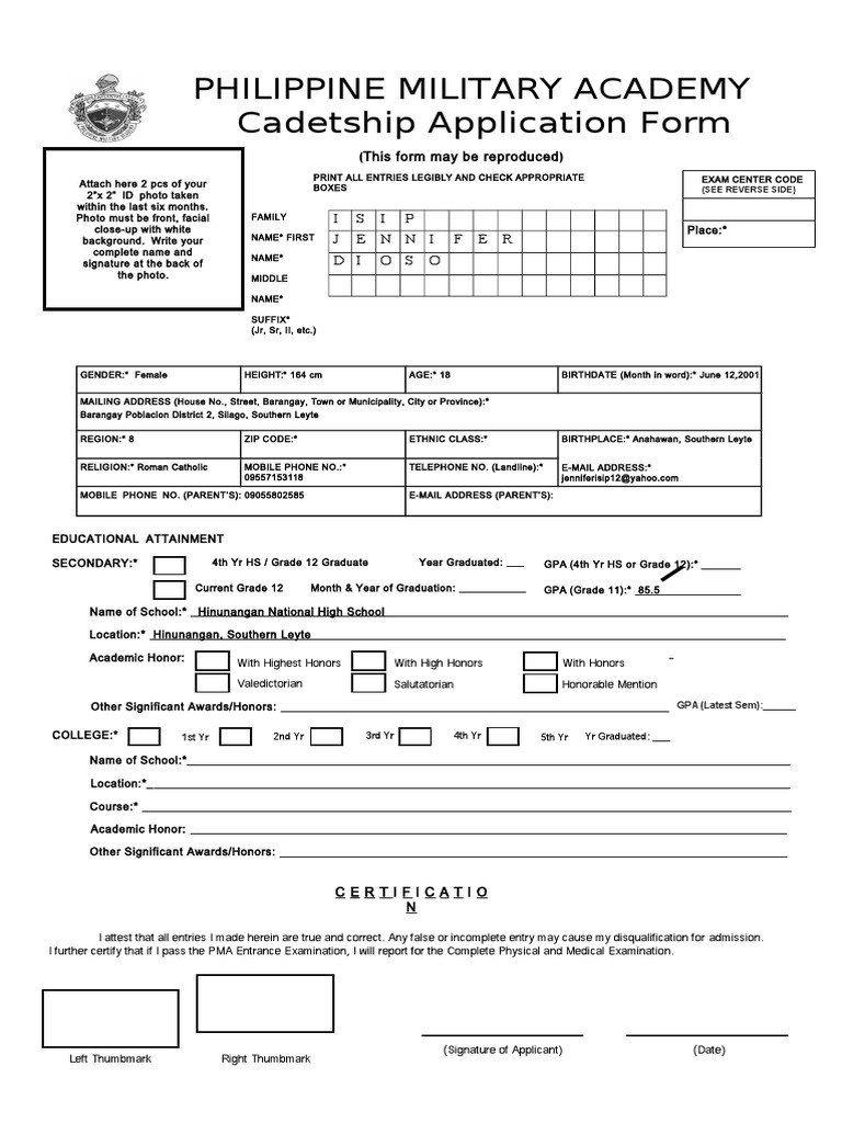 Philippine Military Academy Cadetship Application Form: This Form May ...