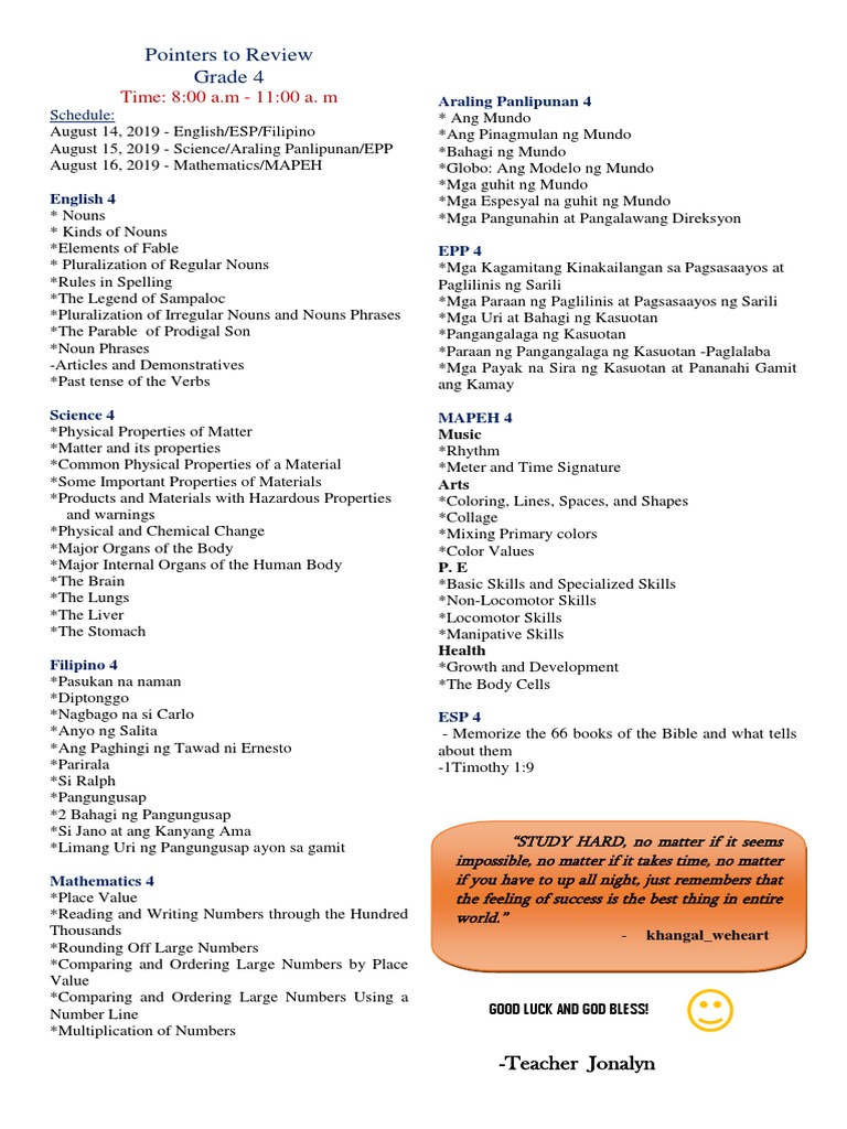 Pointers To Review in Grade 4 | PDF | Cognitive Science | Linguistics